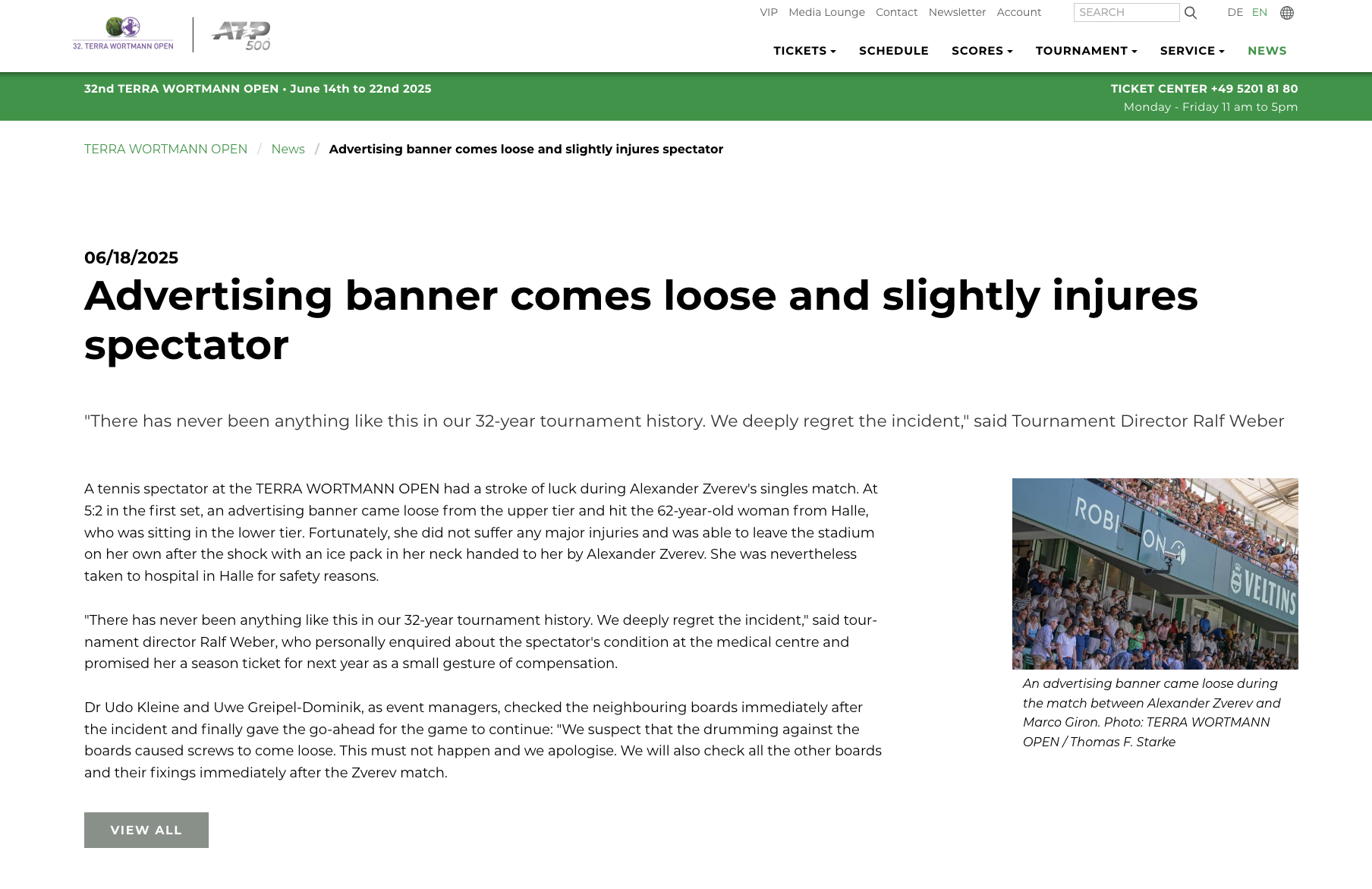 網球》32年頭一遭 哈雷草地網球賽觀眾被廣告牌擊中 獲贈免費門票 - TSNA體育新聞團隊