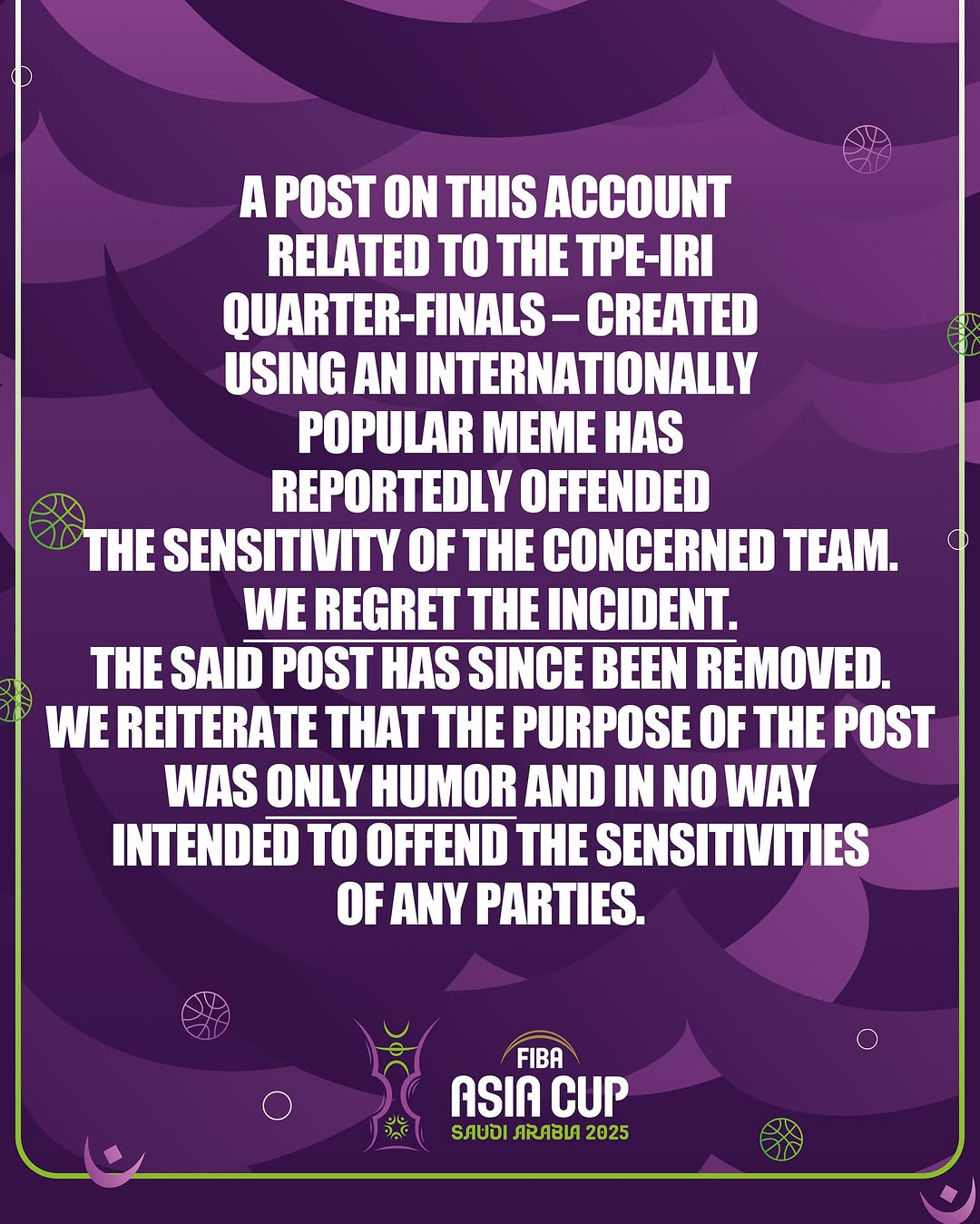 亞洲盃男籃》發哏圖嘲諷中華輸球 FIBA刪文、強調無意冒犯但未道歉 - TSNA體育新聞團隊